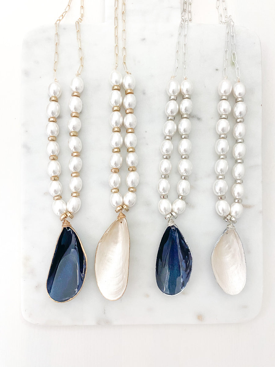 mussel shell pearl necklace {deep navy}- gold – little fish BOATEAK